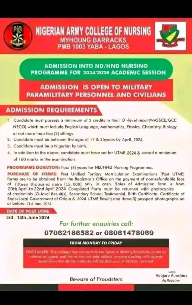 Nigerian Army College of Nursing Admission Form for ND/HND Nursing Programme, 2024/2025 Academic ...