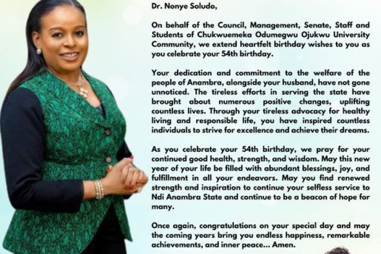 COOU Celebrates Mrs. Nonye Soludo's 54th Birthday with Warm Wishes and ...