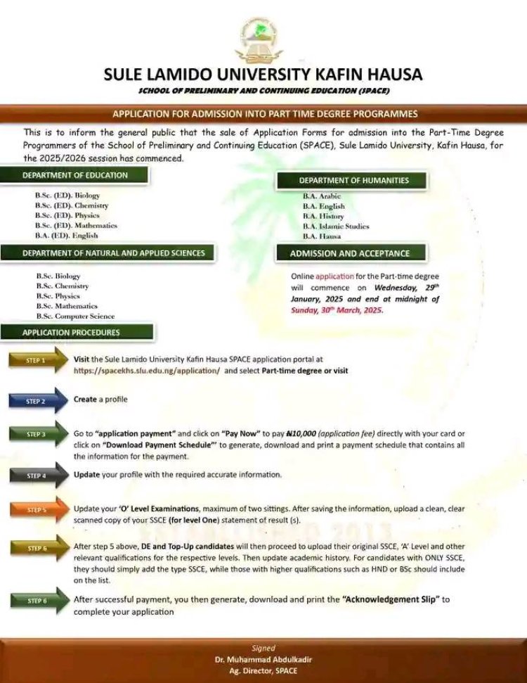 Sule Lamido University Opens Applications for 2025/2026 Part-Time Degree Programmes - Myschoolnews